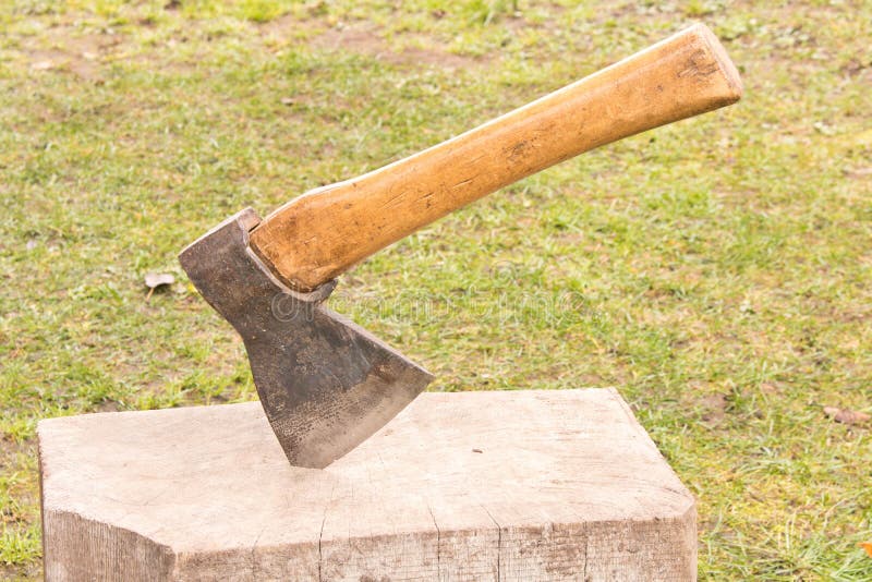 An Old Axe in an Oak Log. Close Up Stock Image - Image of rural, energy ...
