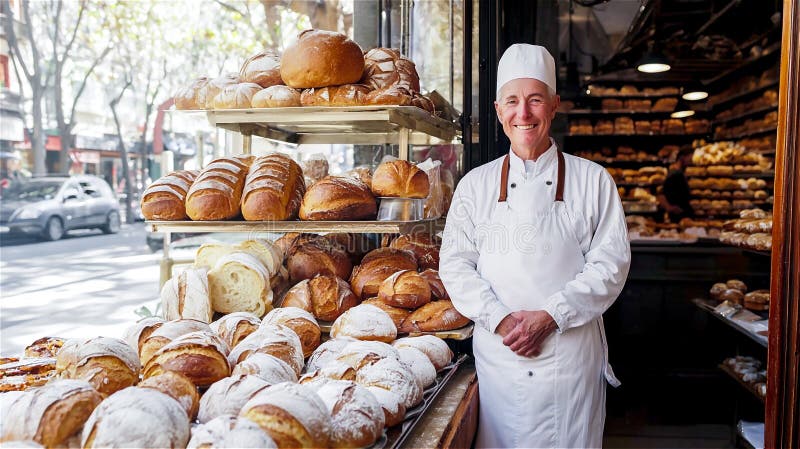The Old Bakery Owner Smiles with Cheerfully Standing in Front of Bread ...
