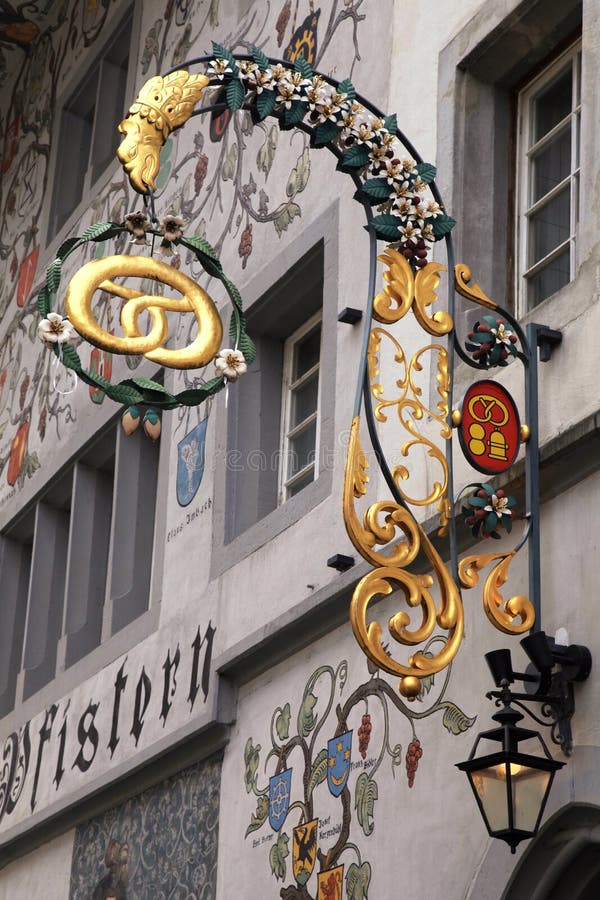 Old Bakery Sign on Medieval Building in Lucern, Switzerland Editorial ...