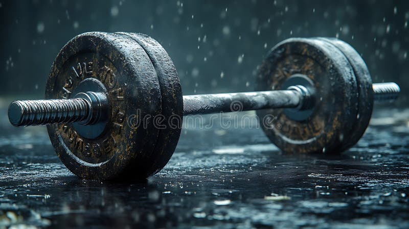 Weathered Barbell on Wet Pavement Reflecting the Ambient Light, Rain ...