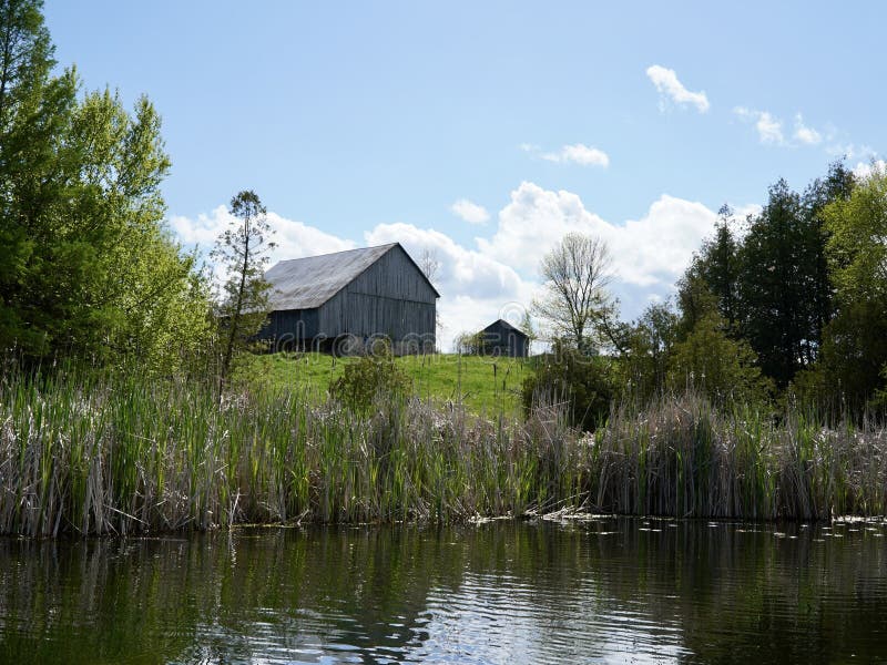 Old Barn on a Hill stock photo. Image of tree, pond - 392446172