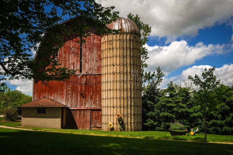 An old barn with silo stock image. Image of metal, country - 184929315