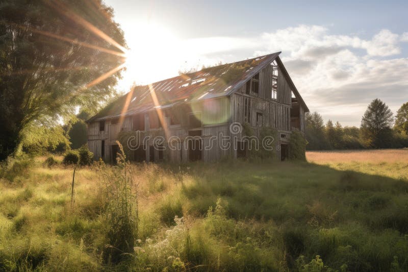 Old Barn, with Sun Streaming through Broken Windows, Surrounded by ...