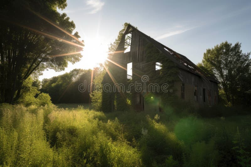 Old Barn, with Sun Streaming through Broken Windows, Surrounded by ...