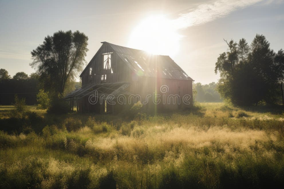 Old Barn, with Sun Streaming through Broken Windows, Surrounded by ...