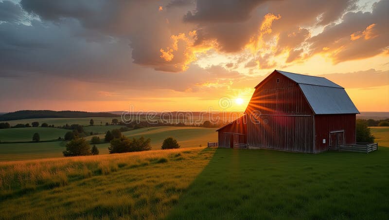 Old Barn at Sunset in Rural Landscape Stock Illustration - Illustration of prairie, trees: 366701366