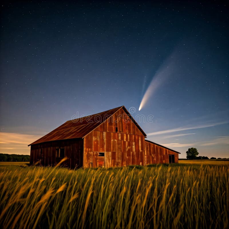 Old Barn Under a Cosmic Spectacle Stock Illustration - Illustration of ...