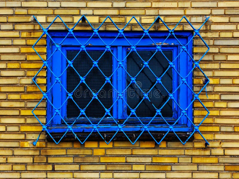 Blue Painted Barred Window. Stock Image - Image of yellow, hanseatic ...