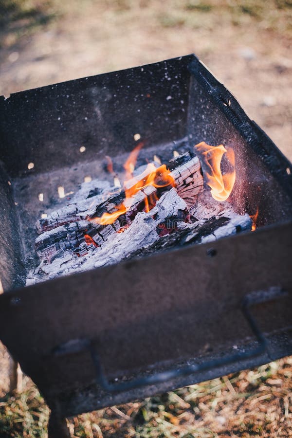 Old BBQ with Fire on the Country Background Stock Image - Image of meat ...