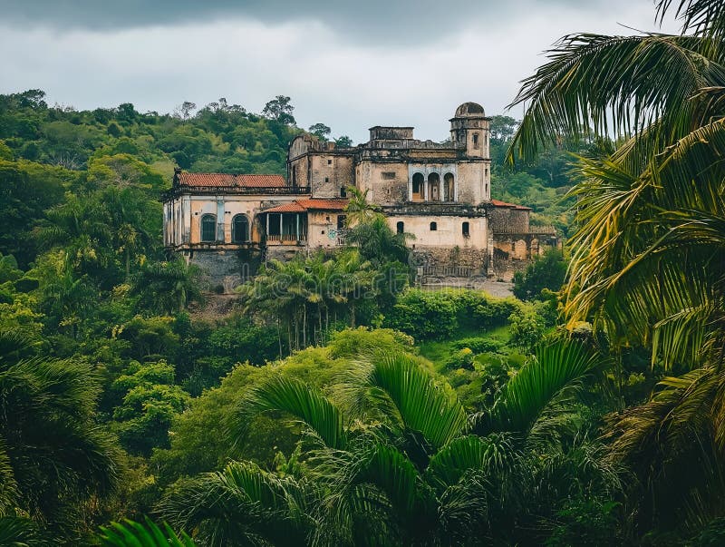 Old Beige Villa in Thick Green Nature, Soft Overcast Light, Creates a ...