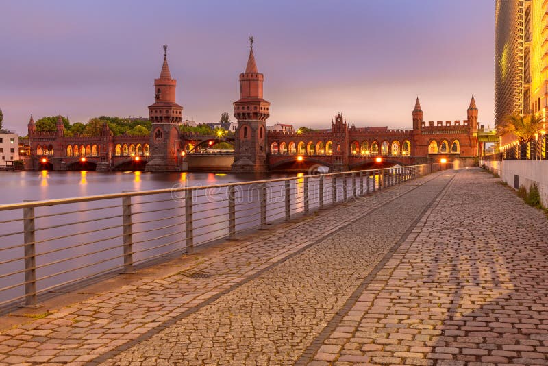 Old Berlin Oberbaum Bridge Over the Spree River at Sunset. Stock Image ...