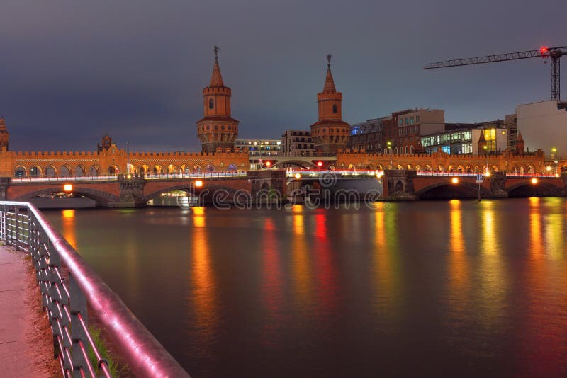 Old Berlin Oberbaum Bridge Over the Spree River at Sunset. Stock Image ...