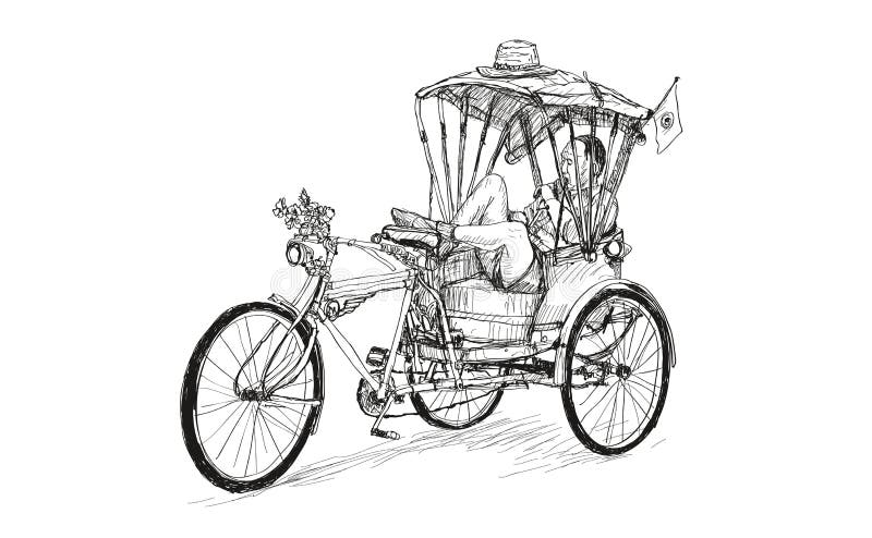 Old Bick and Tricycle Bicycle Man Lie Down and Sleeping, Sketch Stock ...