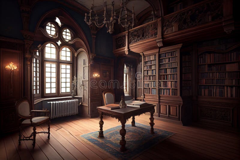 Old Big Library with Work Table. AI Generated Stock Illustration ...