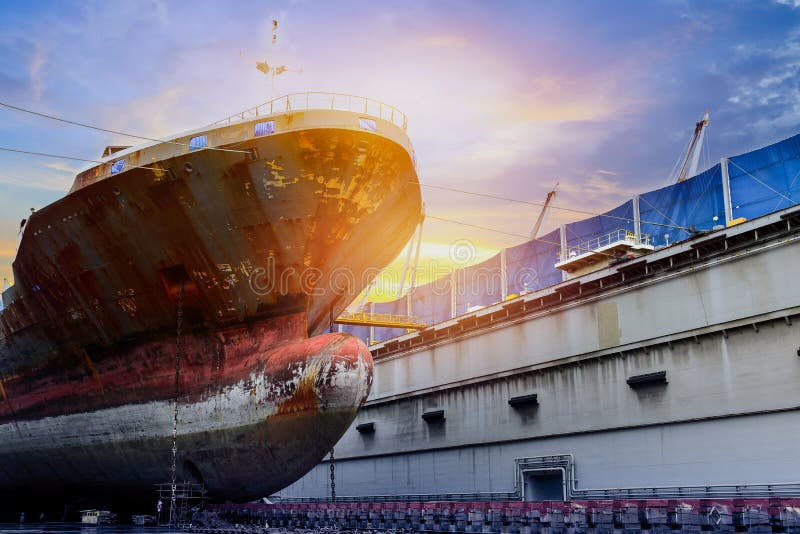 Old Ship Moored in Floating Dock in Shipyard. Stock Image - Image of ...