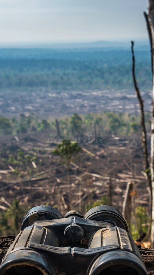 Old Binoculars on a Tree Stump Overlooking a Deforested Landscape ...