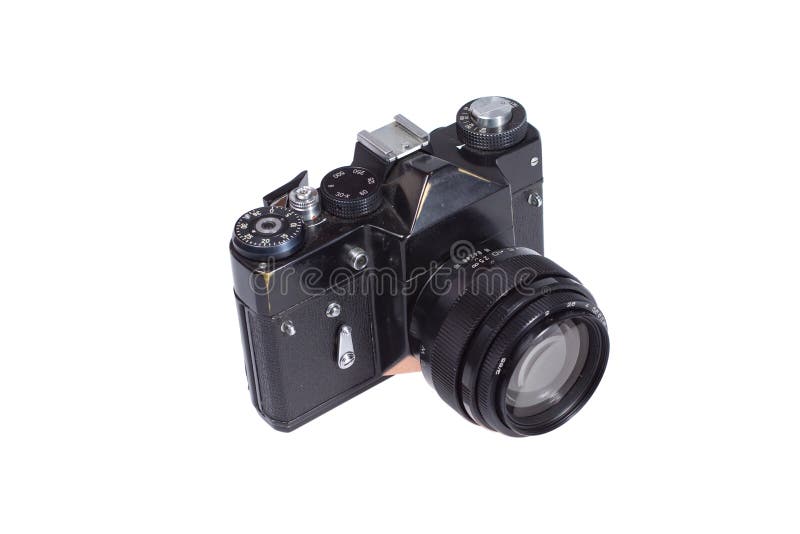 Old black 35mm SLR camera stock image. Image of lens - 17313339