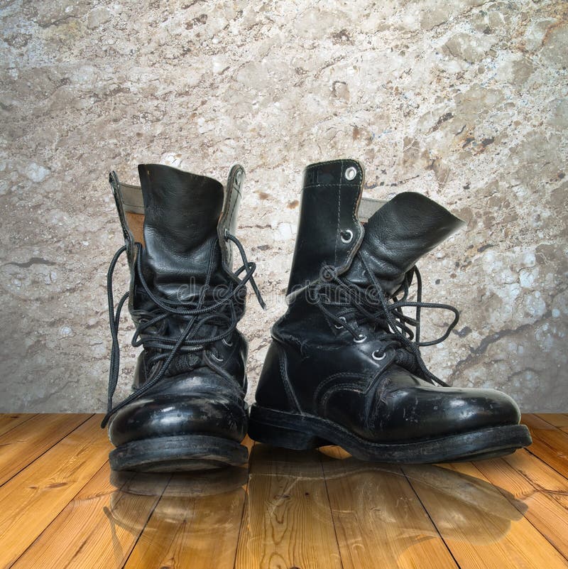 Old Black Boot on Wood Floor Stock Photo - Image of walking, black ...