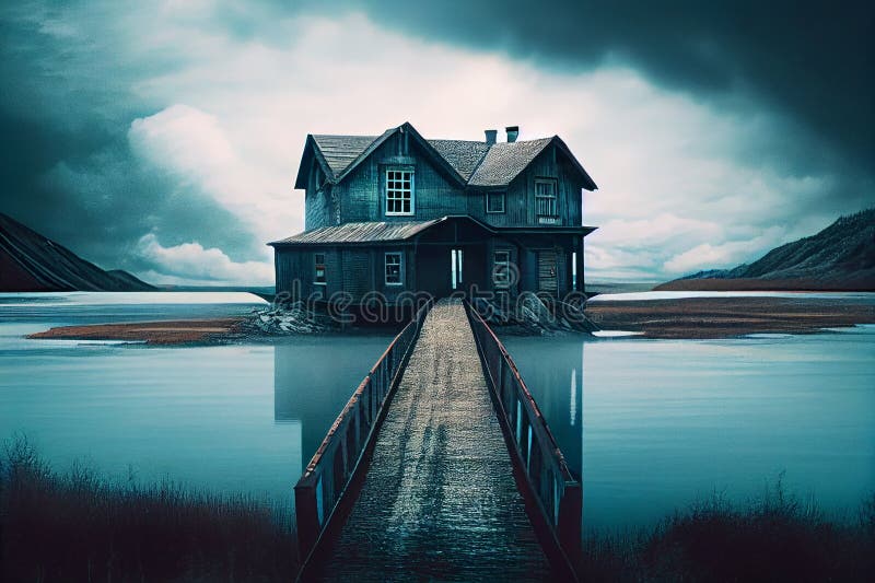 Old Black House in the Middle of a Blue Lake. AI Generated Stock ...