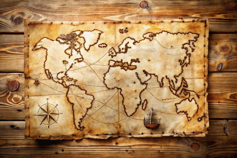 Old Blank Parchment Treasure Map on Wooden Table Stock Illustration ...