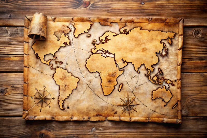 Old Blank Parchment Treasure Map on Wooden Table Stock Illustration ...