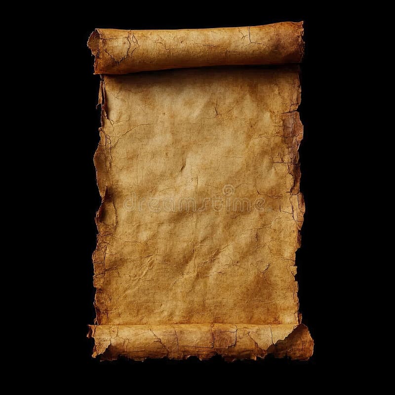 Old, Blank, Weathered Scroll of Parchment Paper, Isolated on a Black ...