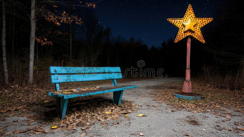Old Blue Bench beside a Lit Star Decoration in a Dark Serene Forest Setting Stock Illustration ...