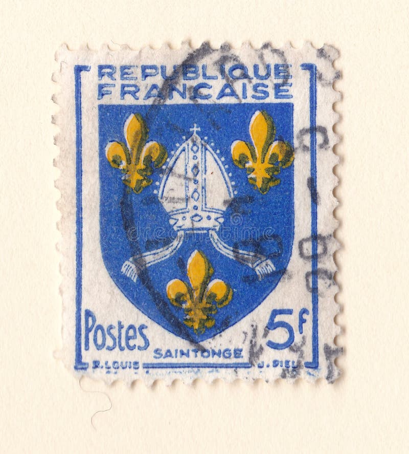 An Old Blue French Postage Stamp with an Image of a Mitre and Crest ...