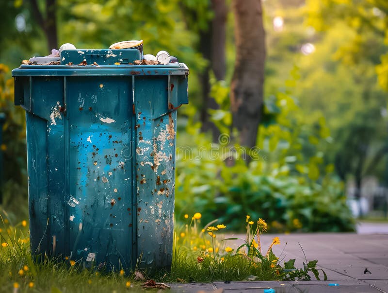 An Old, Blue Garbage Bin Overflowing with Trash, Set Against a Green ...