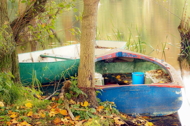 Old Blue and Green Boat on the River or Lake Stock Image - Image of ...