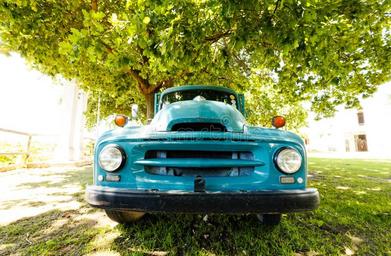 An Old, Blue International Lorry Parked Under an Oak Tree with Mottled ...