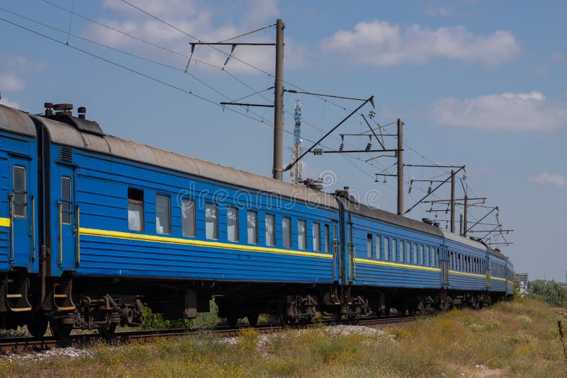Old Blue Passenger Train, Carriages on a Sunny Summer Day Stock Photo ...