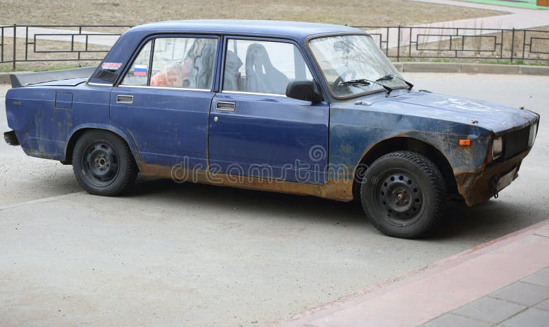 An Old Blue Rusty Soviet Car Stands on the Asphalt Stock Photo - Image ...