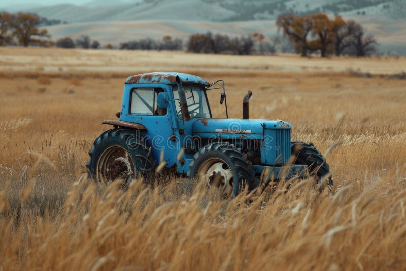Old Blue Tractor in a Field of Tall Grass. Suitable for Agricultural ...