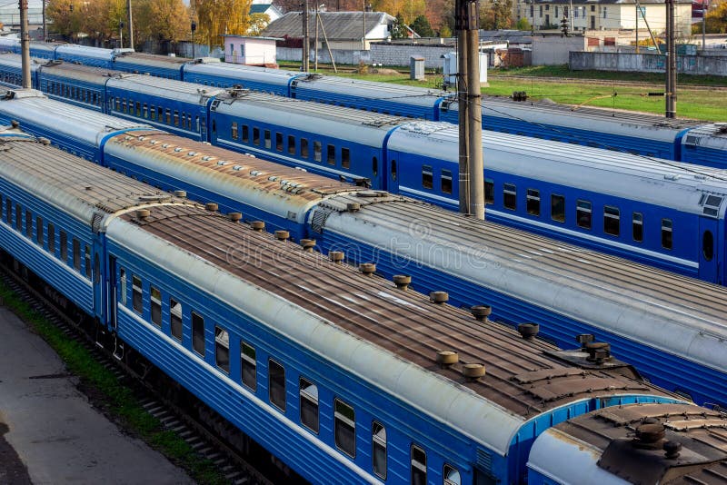 Old Blue Trains on Railway Station Platform. Stock Image - Image of ...