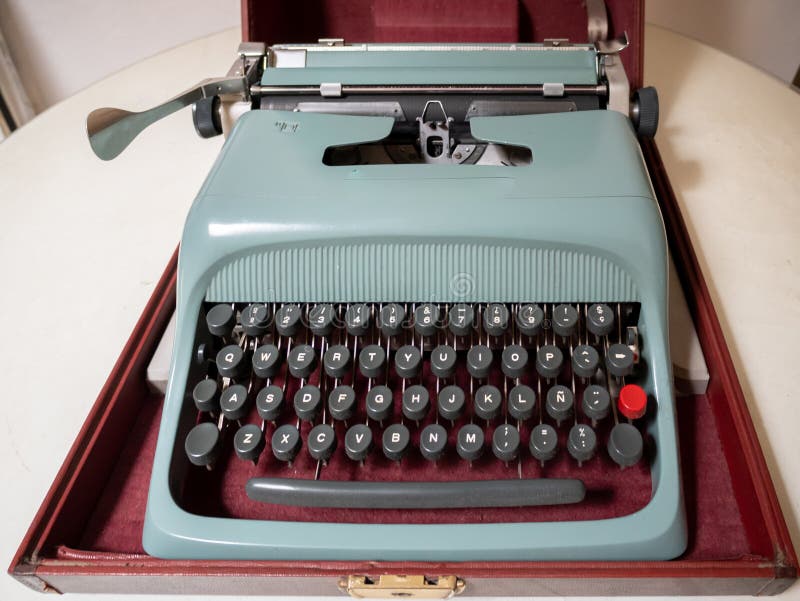 Old Blue Typing Machine in a Red Box Stock Photo - Image of write, term ...