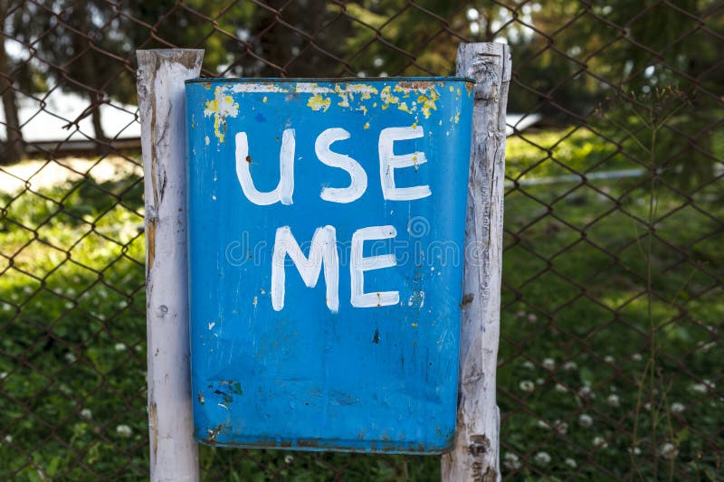 Old Blue Waste Bin with the Text: USE ME, Bhutan Stock Photo - Image of ...