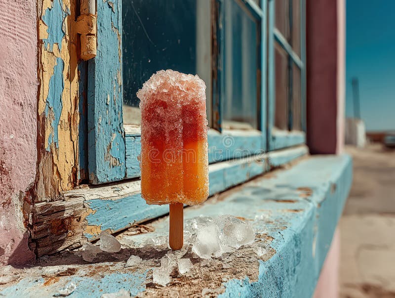Old Blue Window Frame with Partially Melted Popsicle on a Cracked ...