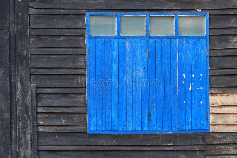 Old Blue Window on Weathered Wooden Wall Stock Photo - Image of retro ...