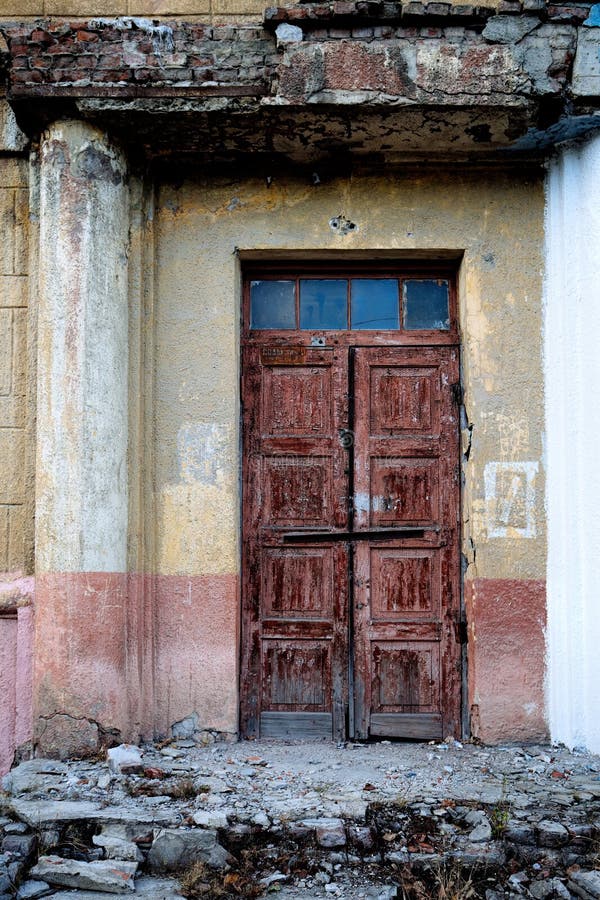 Old Boarded Up Door with Peeled Paint Stock Photo - Image of glass ...
