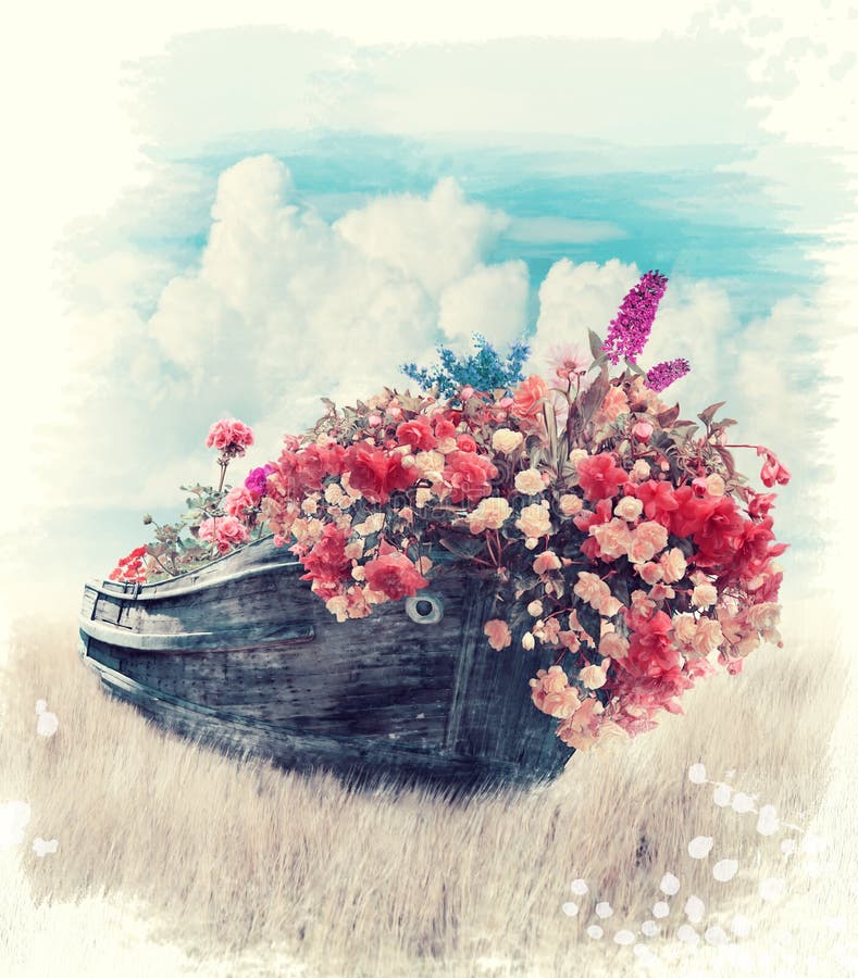 Old Boat with Flowers stock illustration. Illustration of digital ...