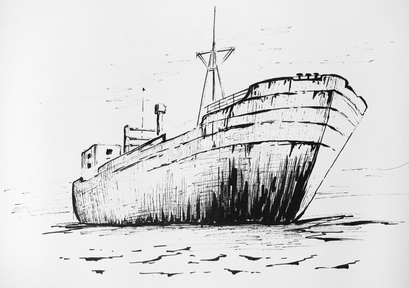 The old boat ink drawing stock illustration. Illustration of industry ...