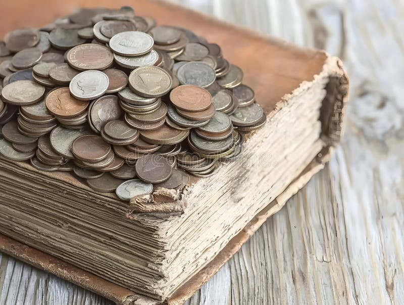 Old Book with Coins on Wooden Table, History, Wealth, Collection Stock ...