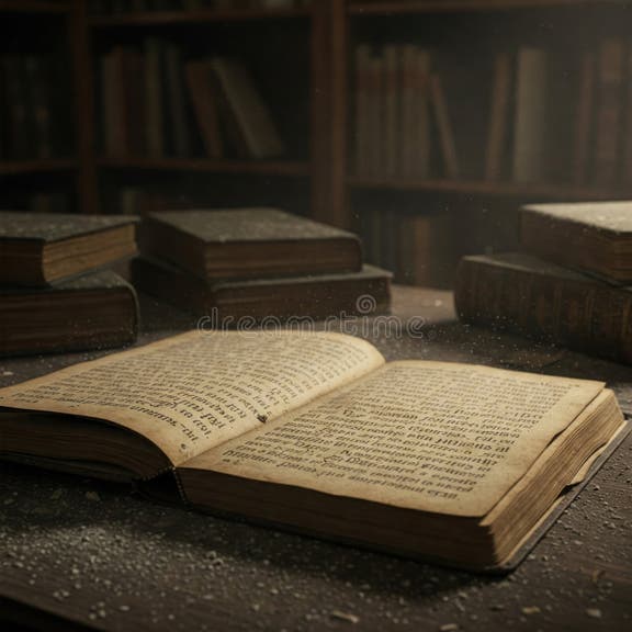 An Old Book in a Dusty Library on a Wooden Table. Stock Photo - Image ...