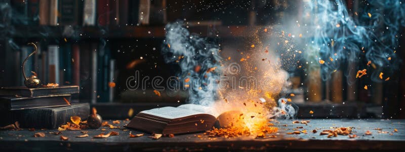 Old Book Exploding with Magical Particles and Smoke Stock Image - Image ...