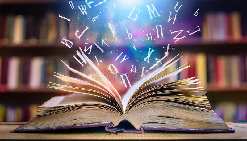 Old Book with Flying Letters and Magic Light on the Background of the ...