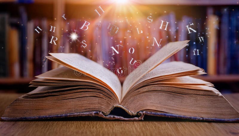Old Book with Flying Letters and Magic Light on the Background of the ...