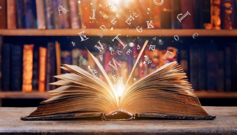 Old Book with Flying Letters and Magic Light on the Background of the ...