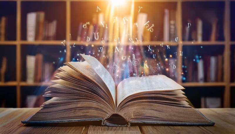 Old Book with Flying Letters and Magic Light on the Background of the ...