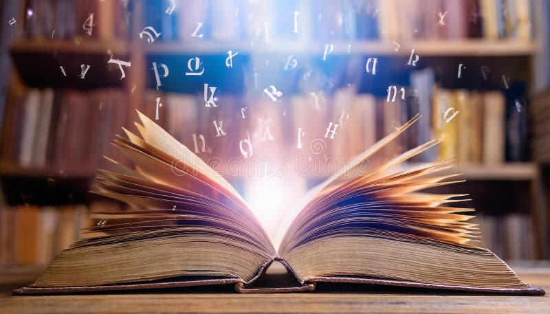 Old Book with Flying Letters and Magic Light on the Background of the ...
